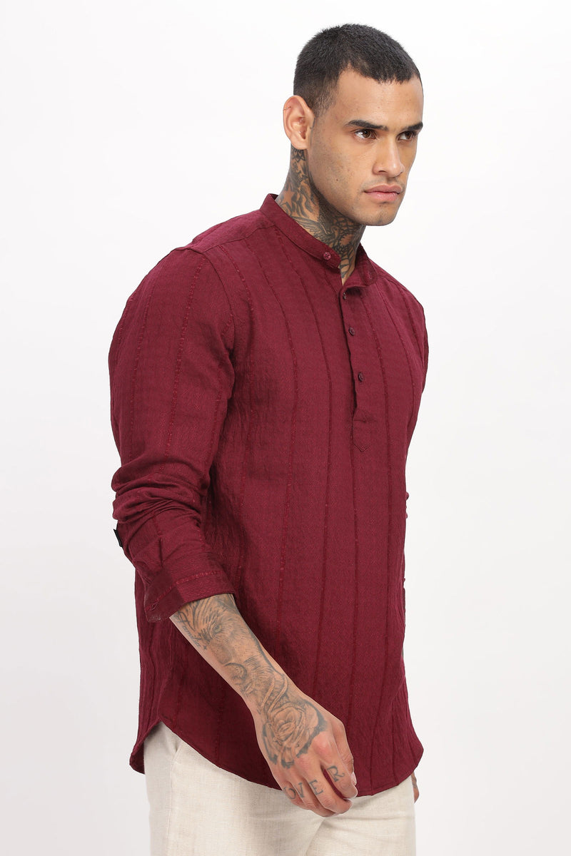 Textured Mandarin Collar Maroon Shirt – Three Days