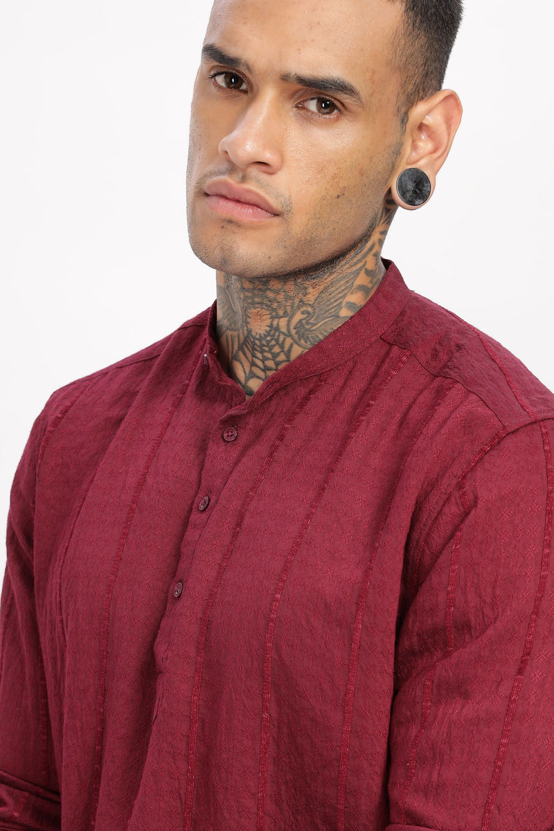 Textured Mandarin Collar Maroon Shirt – Three Days